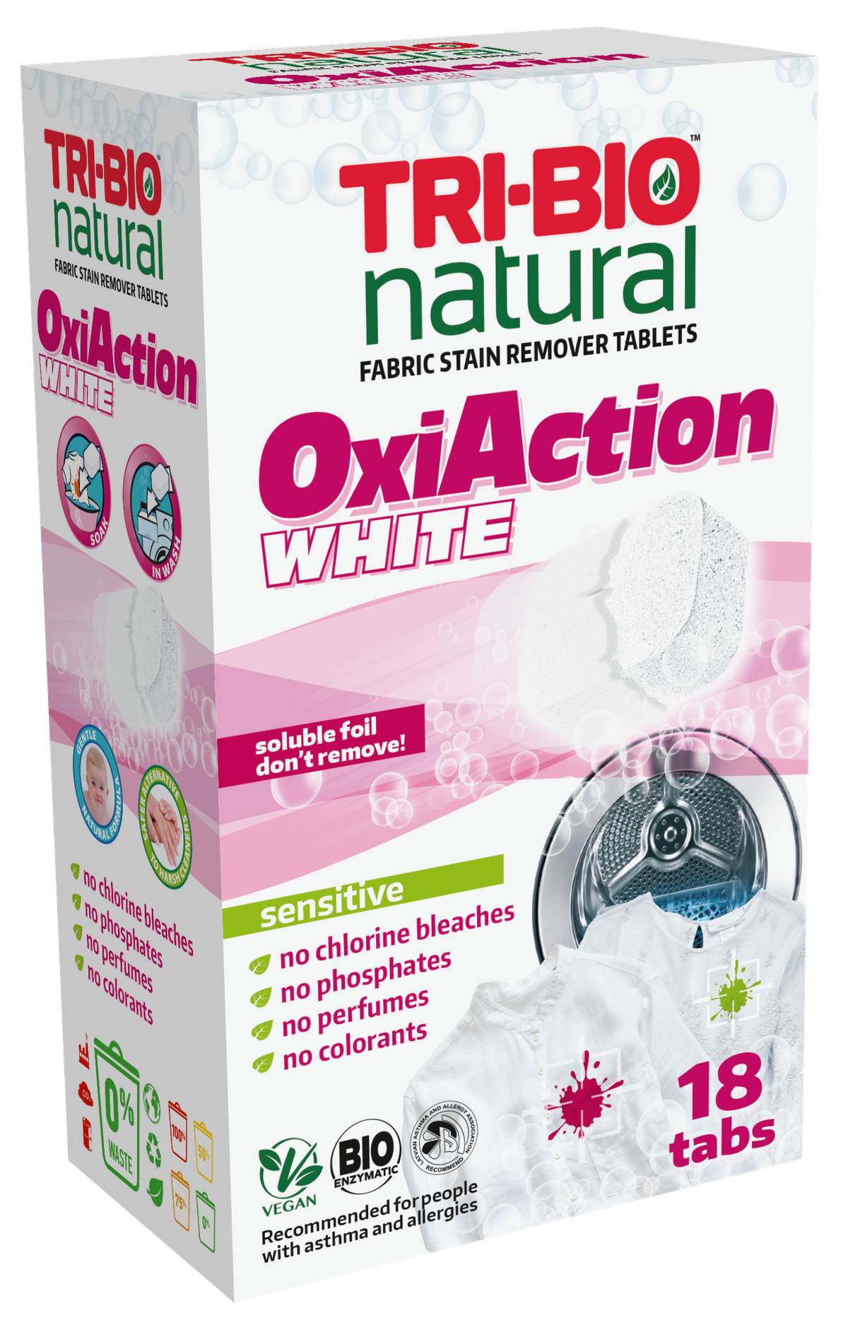 TRI-BIO OxiAction White tabletės dėmių valymui, 18 vnt. | Moonmart.lt