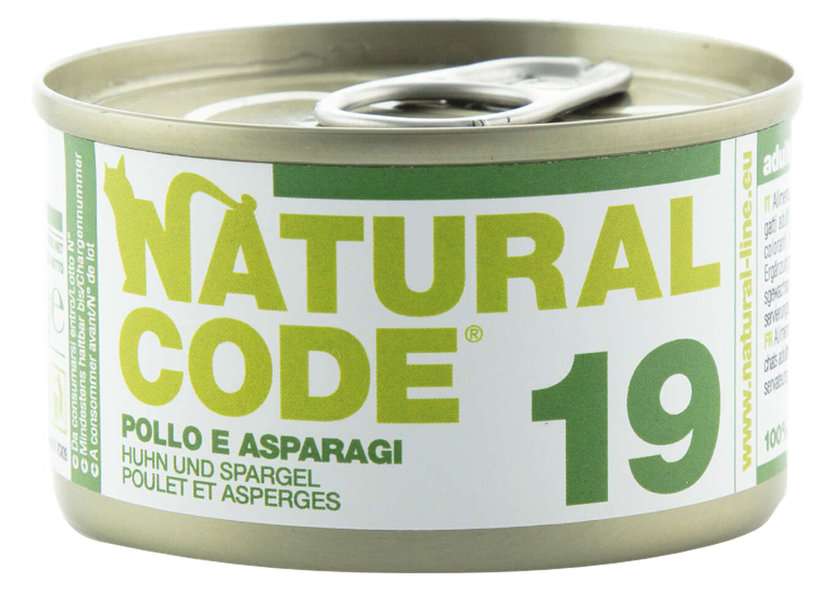NATURAL CODE 19 vištienos ir šparagų konservai katėms, 85 g | Moonmart.lt