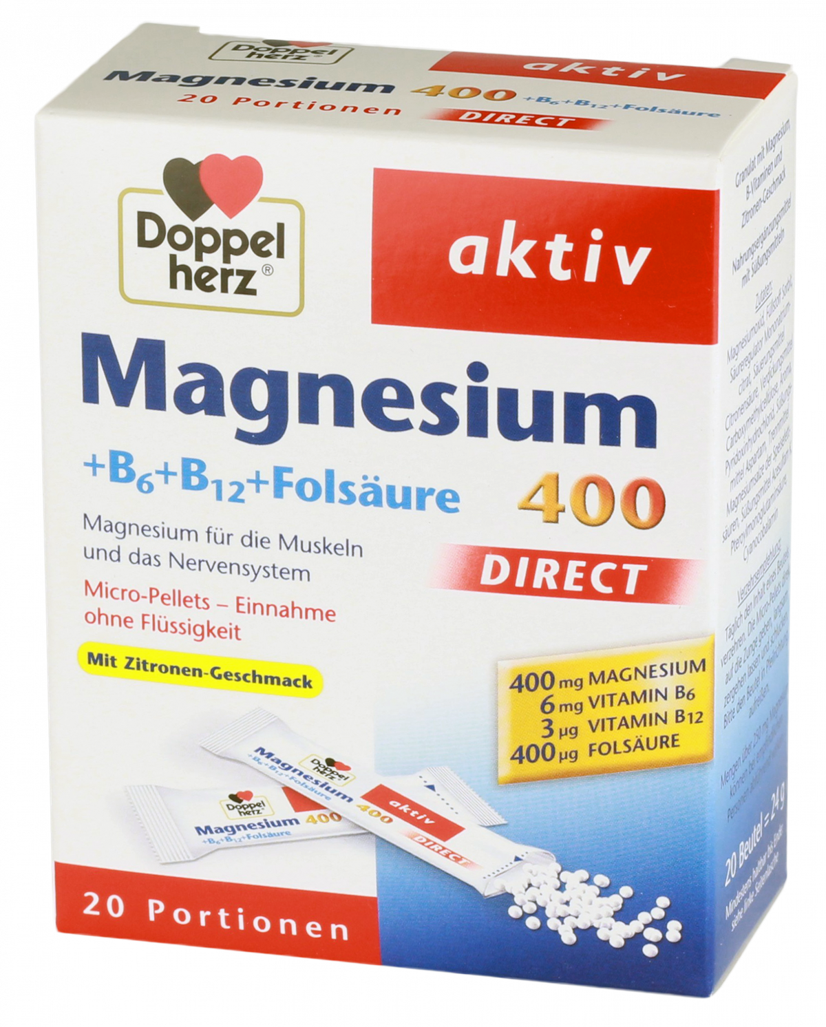 DOPPELHERZ Aktiv Magnesium 400 + B6 + B12 + Folsäure Direct paketėliai ...